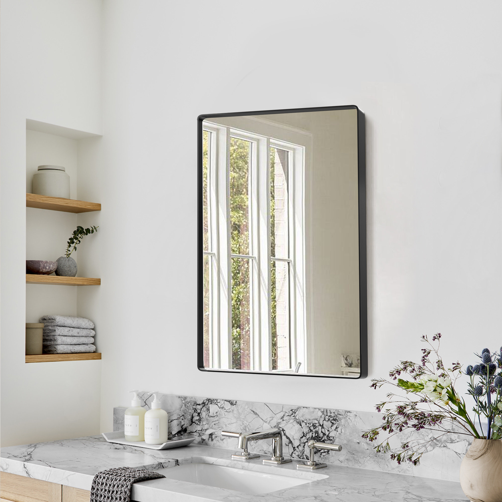 Latitude Run Black Metal Framed Bathroom Mirror For Wall Rounded Rectangle Anti Rust Tempered Glass Wayfair